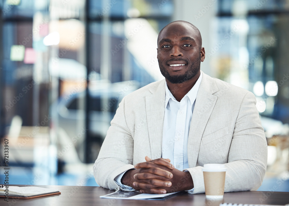 Success, corporate and portrait of a black man in an office for a ...