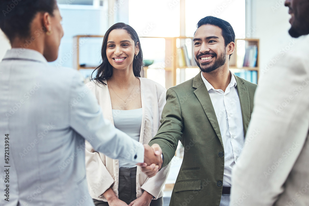 Handshake, business people and b2b consulting success with office ...