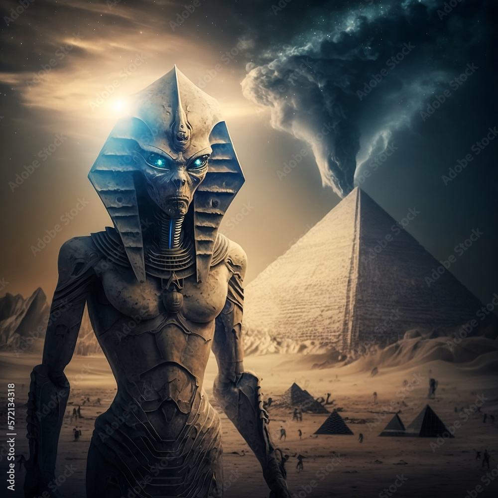 alien standing next to the pyramids and a wind tunnel open Between ...