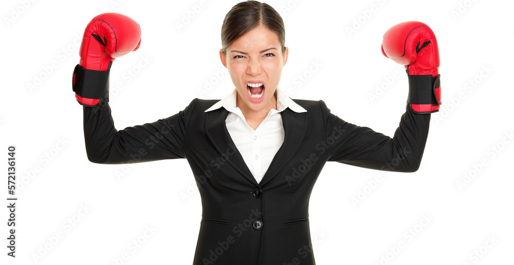 Boxing gloves business woman angry - business concept showing ...