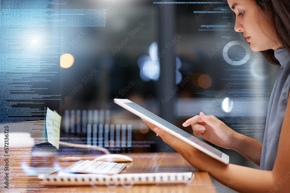 Digital tablet overlay, cybersecurity data and woman programmer with ...