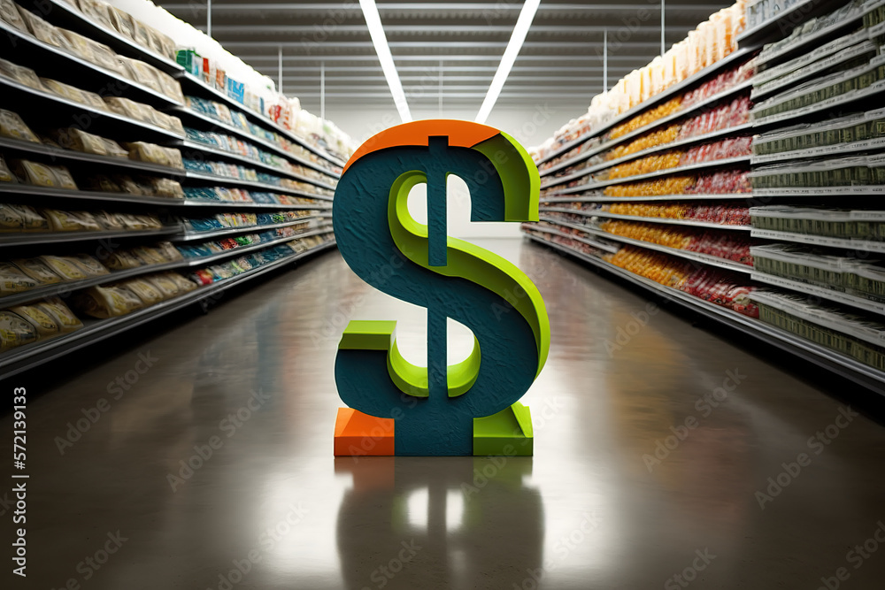 big dollar sign in grocery store aisle illustrating price increase and ...