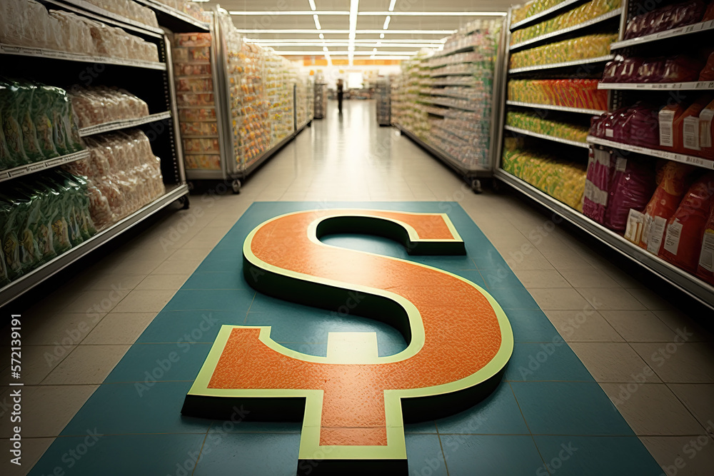 ig dollar sign on grocery store flor illustrating rising food prices ...