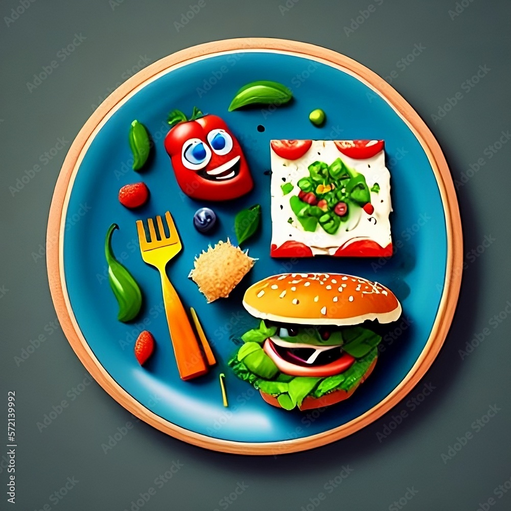 Cartoon food plate with fruits and vegetables drawn by generative AI ...