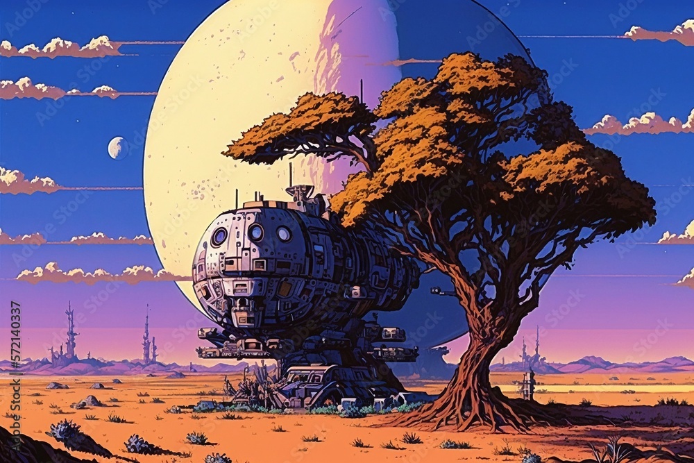 Anime Alien Planet with a Strange Spacecraft under a Desert Tree ...