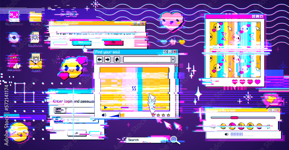Retro y2k window browser screen with glitch effect vector background ...