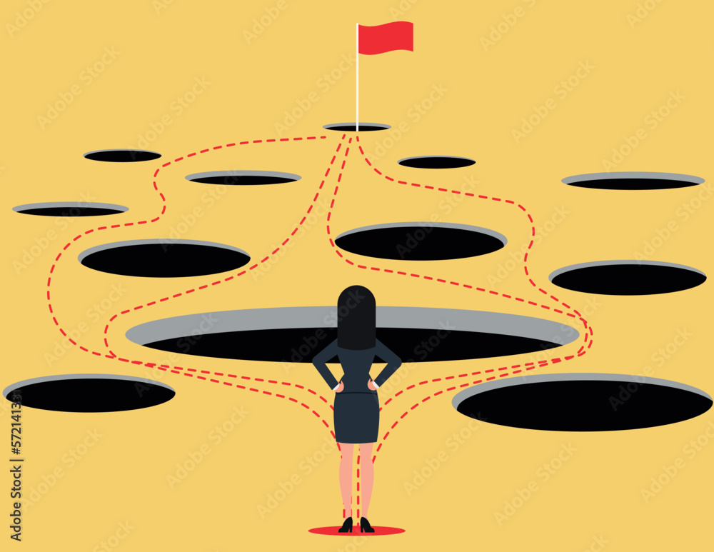 Workaround or solution to bypass problem or difficulty. Business woman and the route to success ...