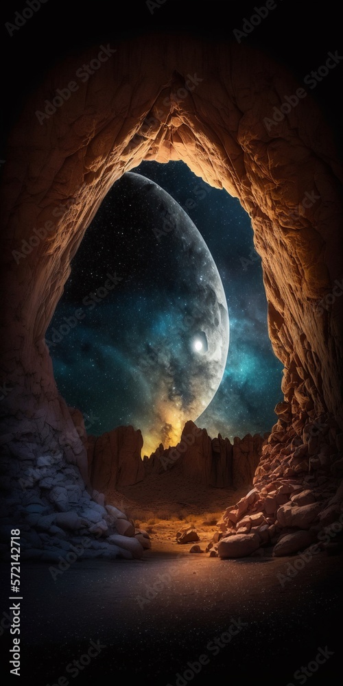 Science Fiction Alien Sky Seen Through a Desert Rock Archway over ...