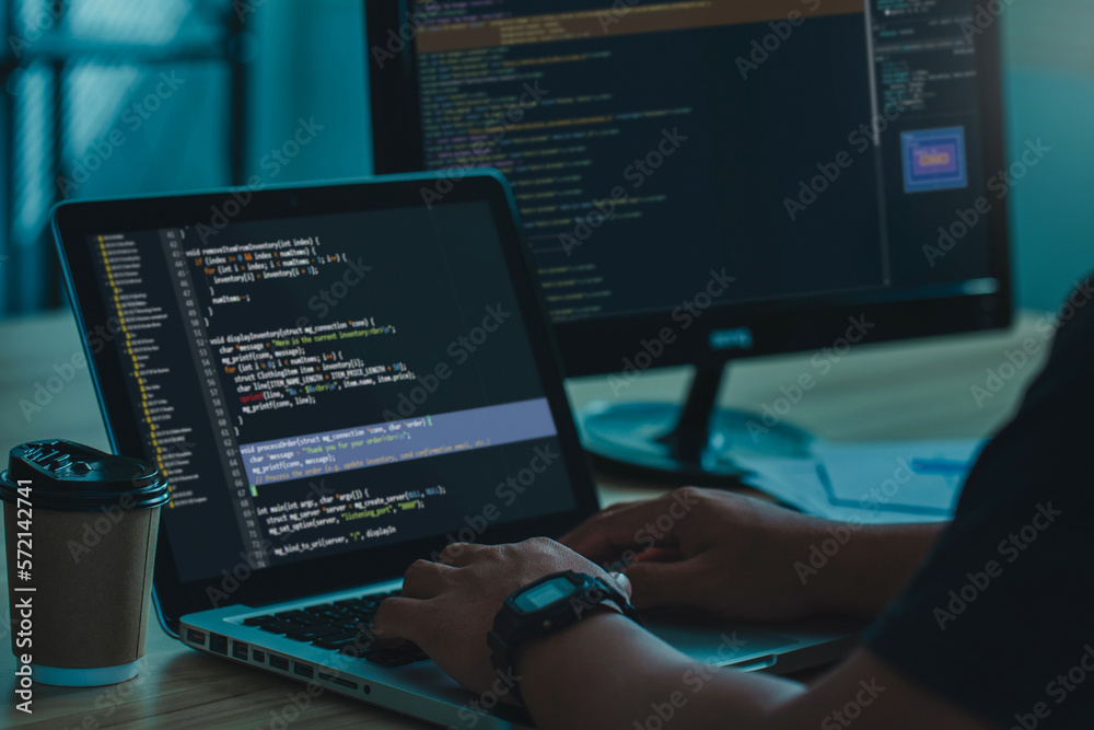 Professional Development programmer typing on a laptop Computer ...