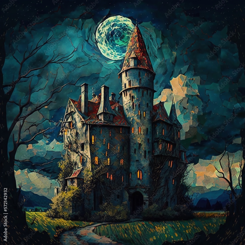 Impressionist Style Illustration of a Creepy Vampire Castle under a ...