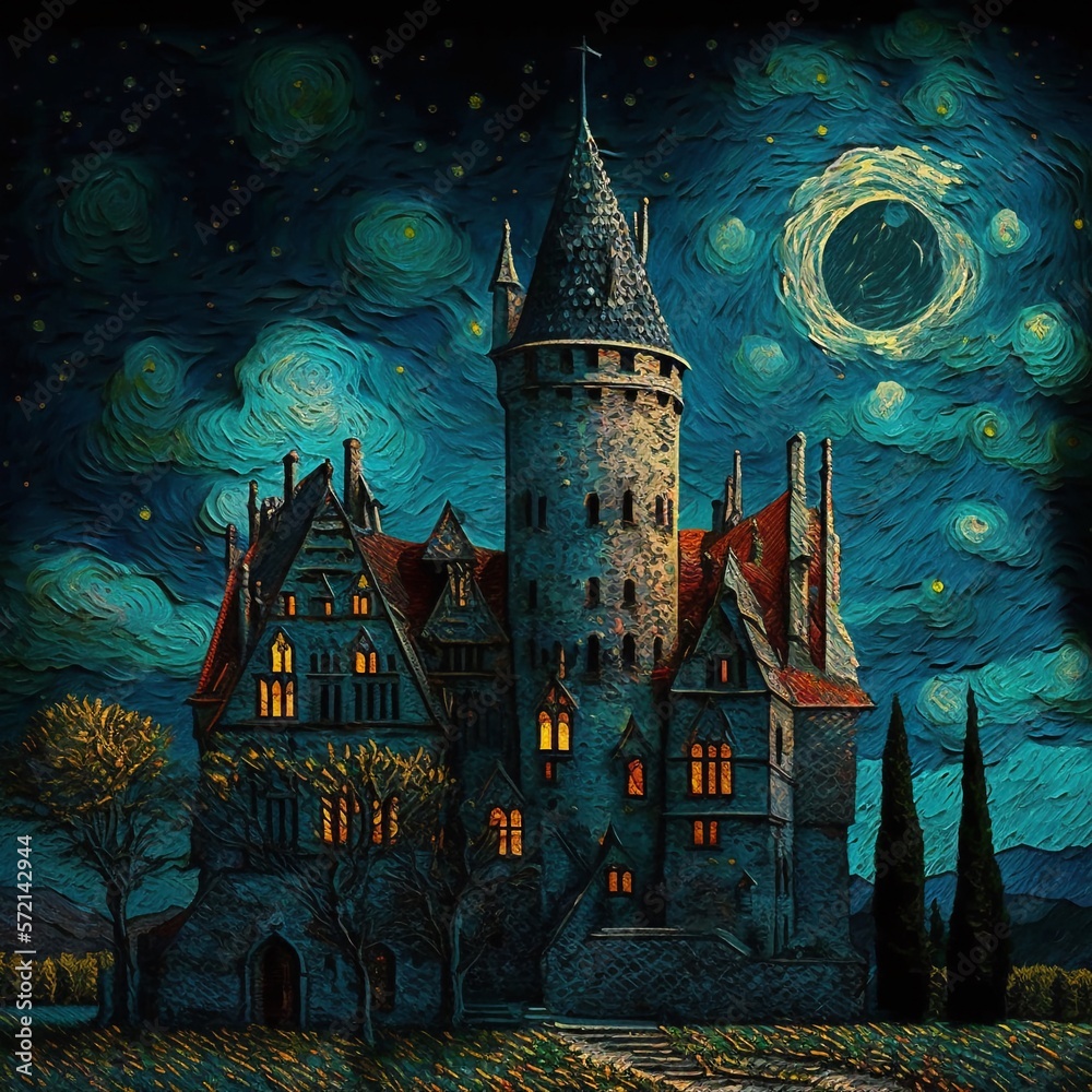 Impressionist Style Illustration of a Creepy Vampire Castle under a ...