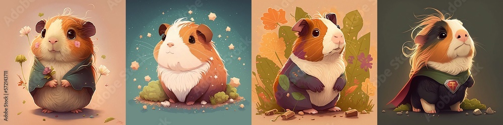 Chibi Guinea Pigs with Flowers, Stars, and Superhero Cape. Kawaii ...