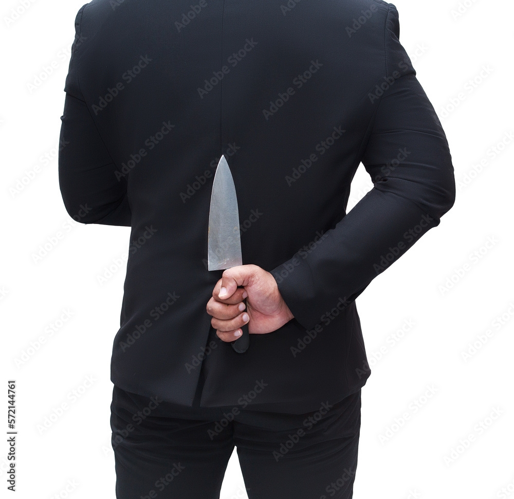 Young businessman in black suit holding a kitchen knife, killer, killer ...