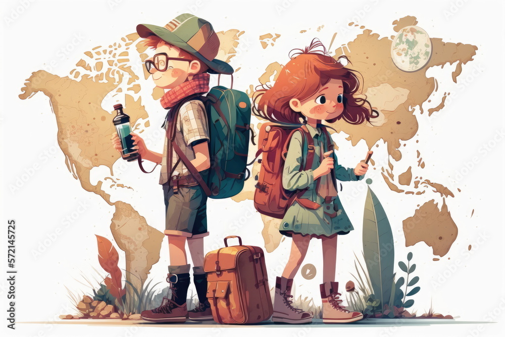tourists and travelers, happy character, boy and girl with backpacks ...
