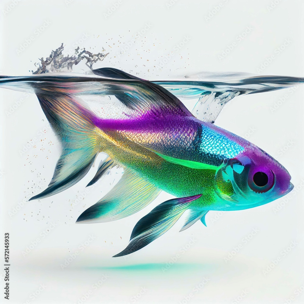 An ultra realistic Neon tetra fish that jumps by splashing on a white ...