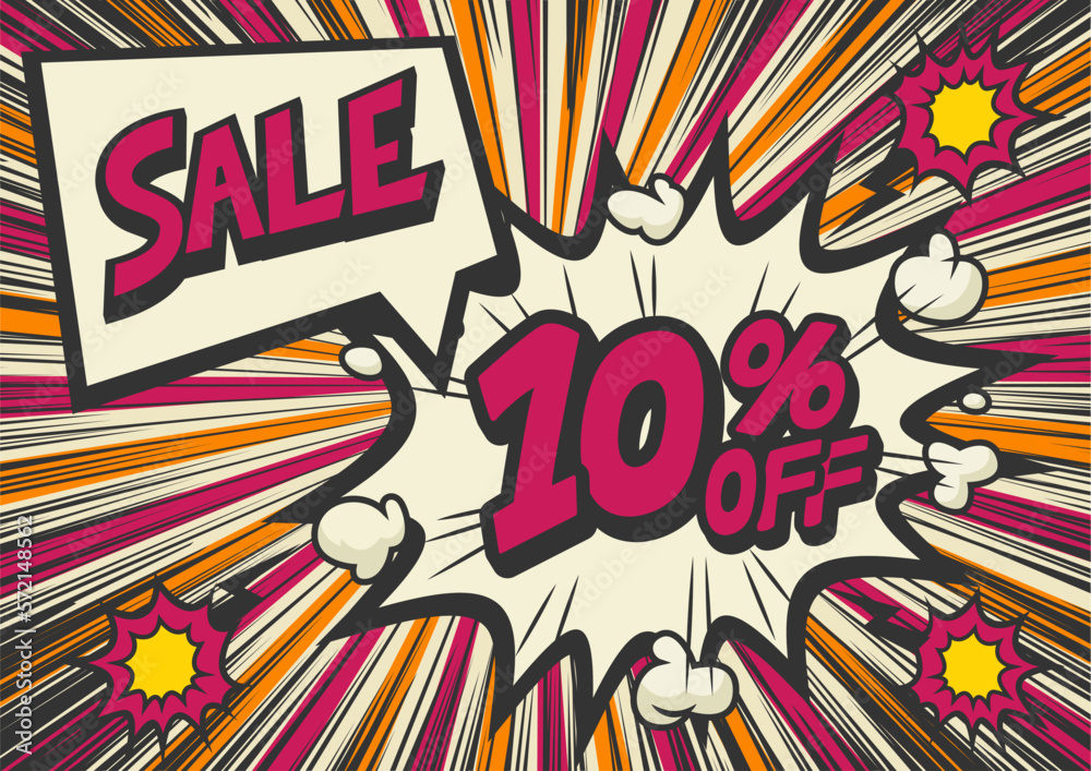 10 Percent OFF Discount on a Comics style bang shape background. Pop ...