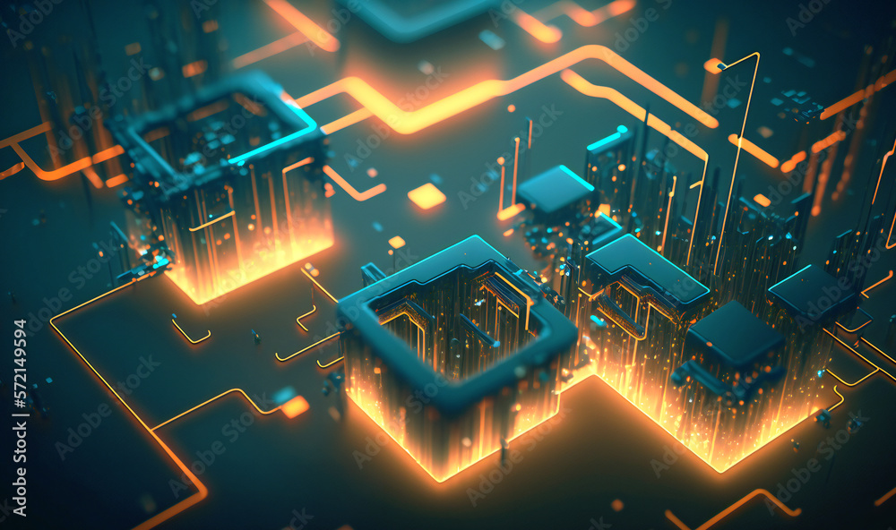 Geometric shapes and lines representing the flow of data through a ...