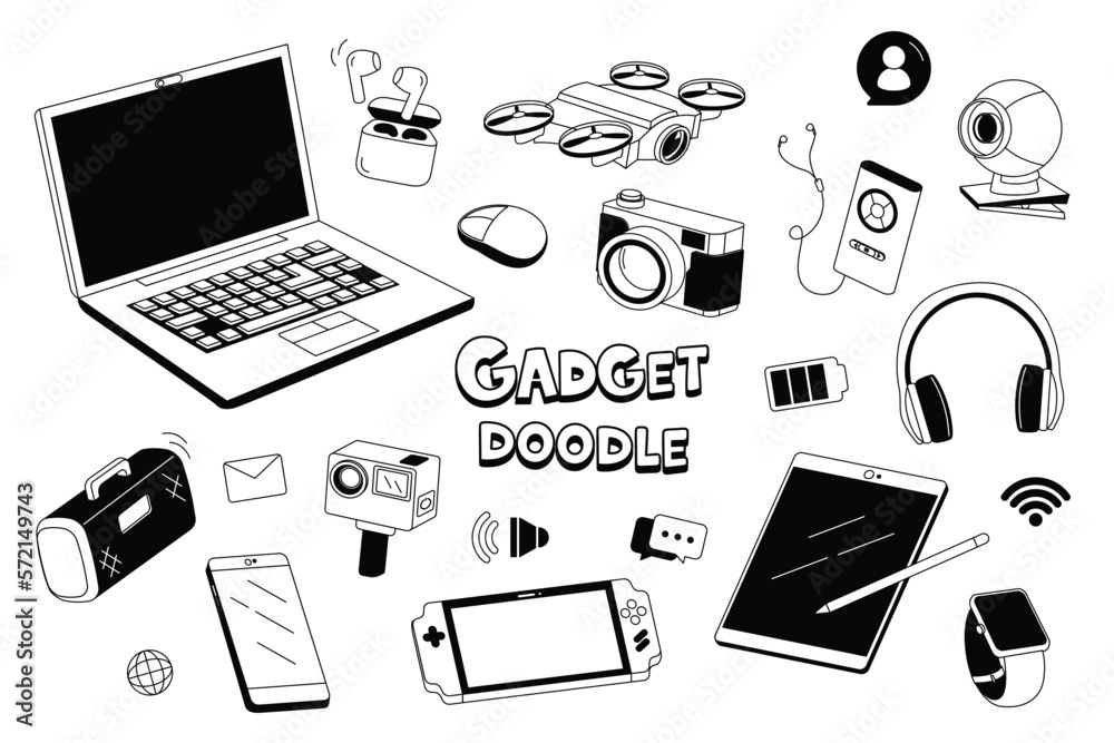 Gadget equipment in doodle styles. Hand drawing styles for electronic ...