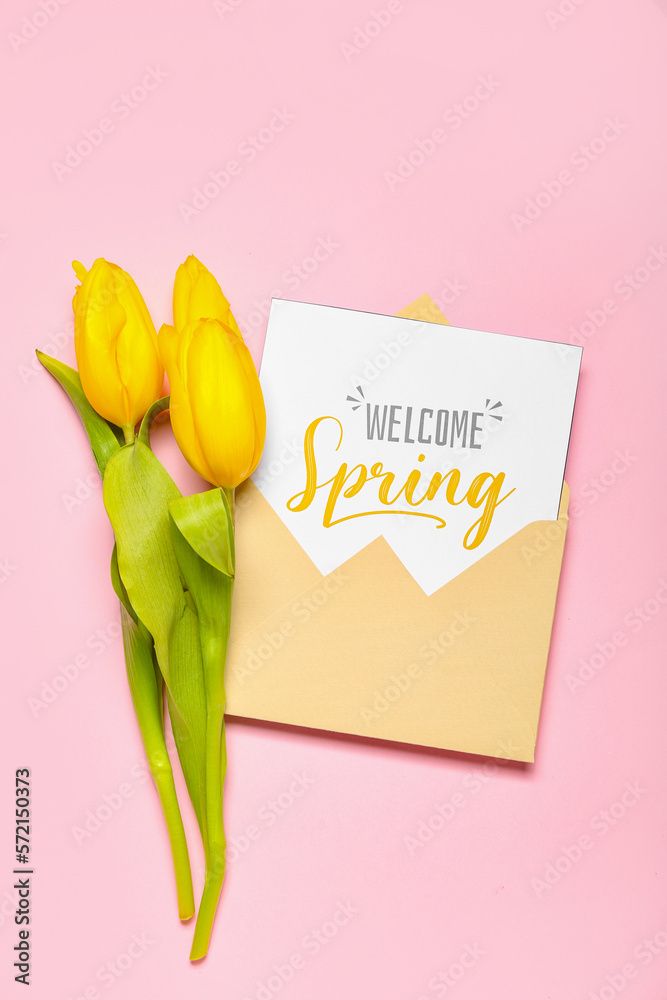 Card with text WELCOME SPRING and tulip flowers on pink background ...