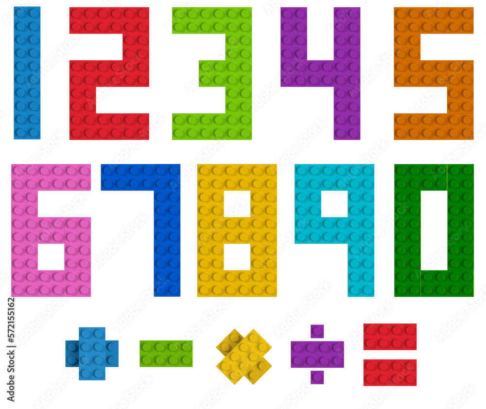 Colorful toy building blocks numbers and mathematic operation symbols ...
