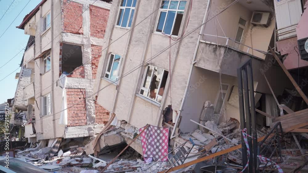 Buildings destroyed after the earthquake. Active fault line. Urban ...