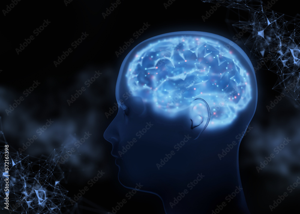 concept of portrait 3d render neuroscience brain or psychology blue dark background ...