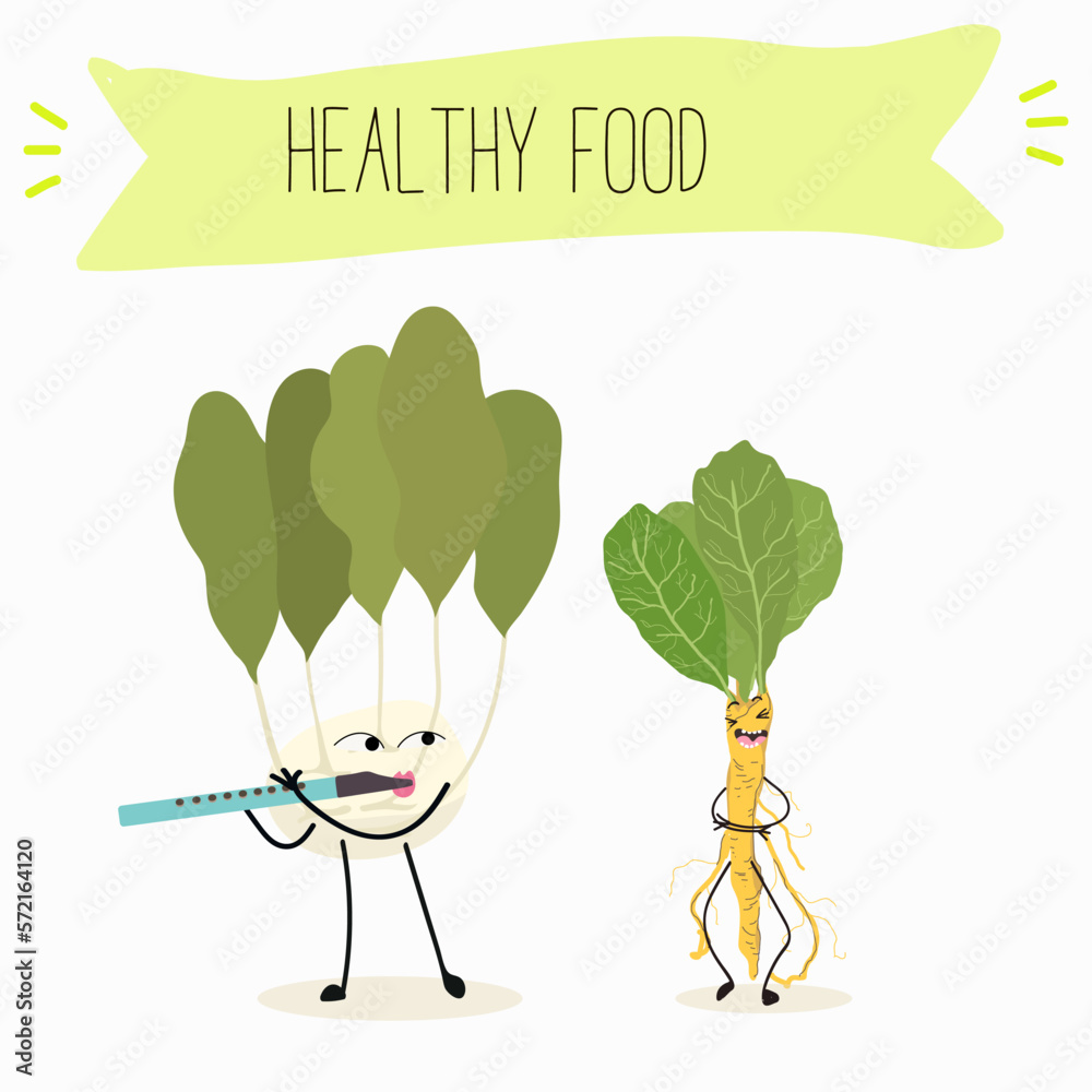 Vector Illustration with funny cartoon characters horseradish, kohlrabi ...