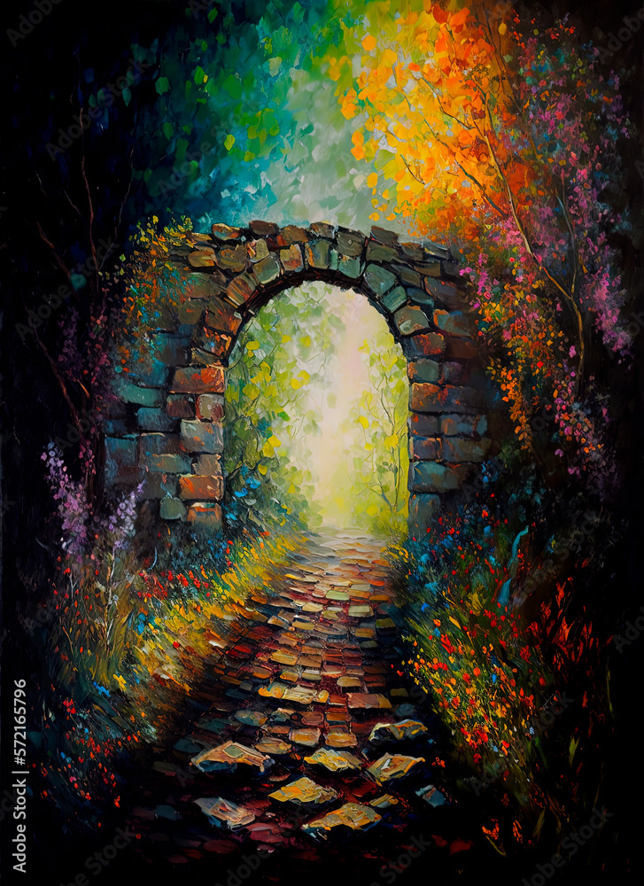 Cobble stone path through a dark mystical forest, old stone ruined gate ...