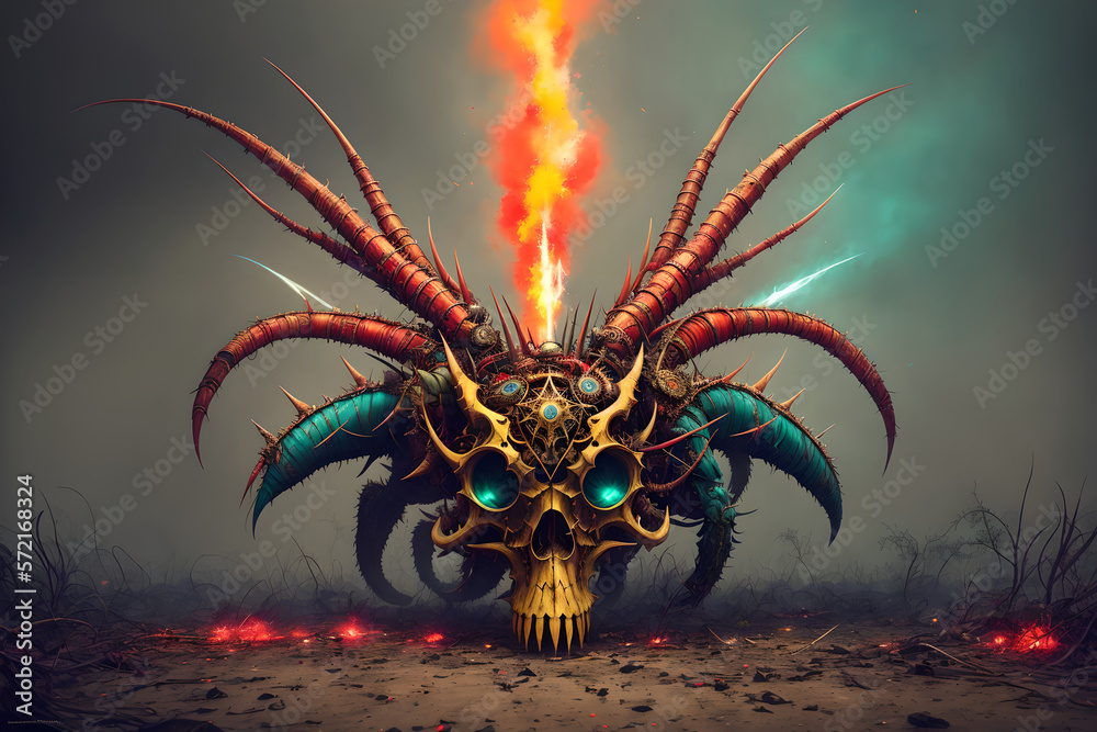 Hellish monster with fangs and horns, rotted flesh, empty eye sockets ...