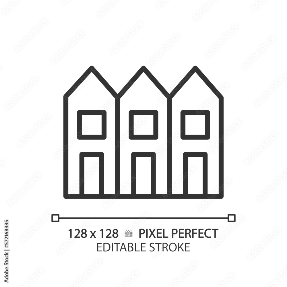 Townhouse pixel perfect linear icon. Multiple floor houses in row ...