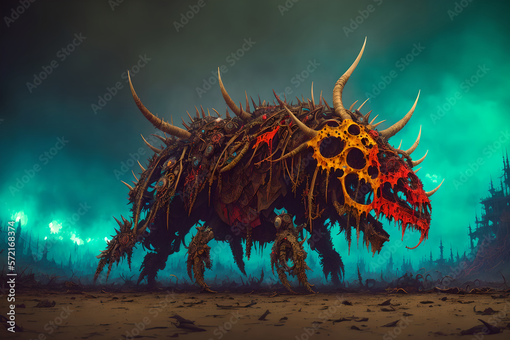 Vicious demonic monster with large teeth, horns, rotting flesh, empty ...