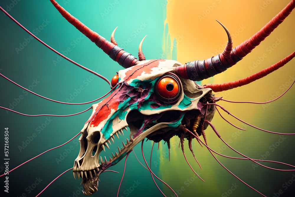 Hellish monster with fangs and horns, rotted flesh, empty eye sockets ...