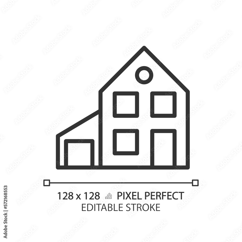 Vetor de Simple house with garage pixel perfect linear icon. Two story ...