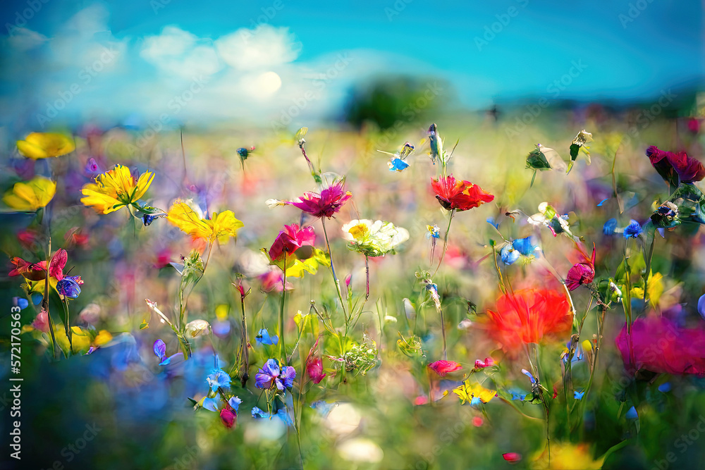 Beautiful summer flowers in colorful garden landscape (Generative AI ...