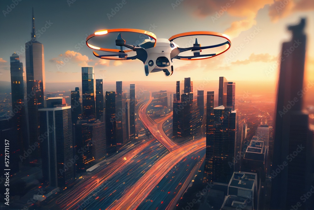 Drone is flying over a modern city, with tall buildings, roads, and a ...