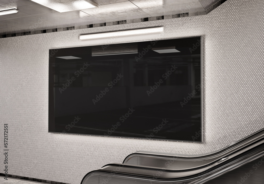 Panoramic 2:1 glowing billboard on underground wall Mockup. Hoarding ...