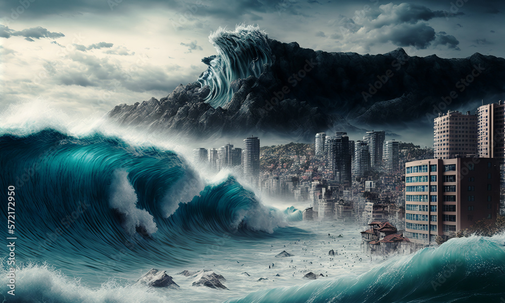 Huge tsunami destroying a city. Dramatic scenery with a big wave ...