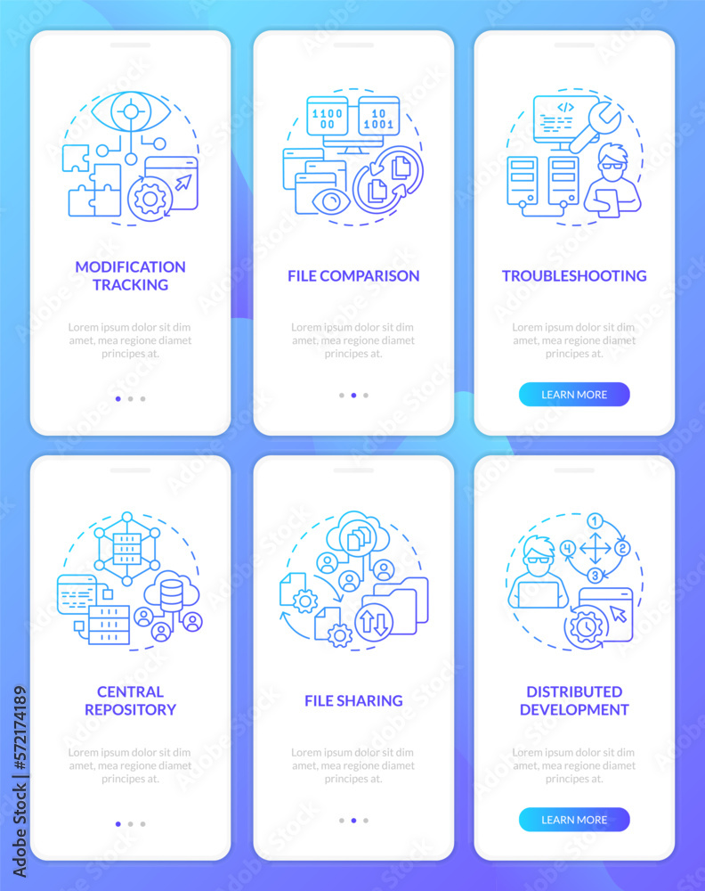 Version control system blue gradient onboarding mobile app screens set ...