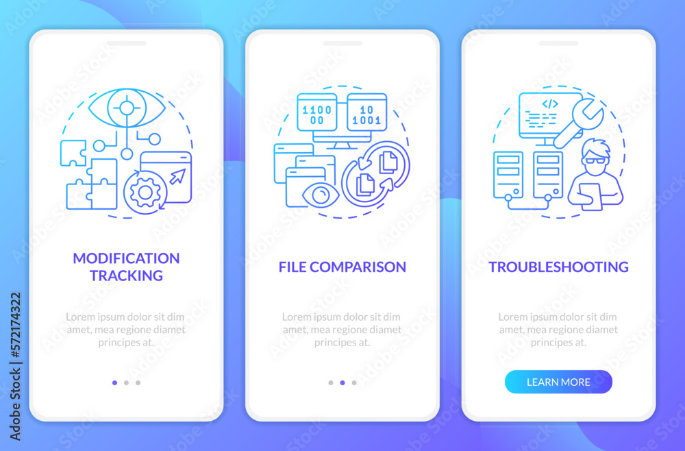 Version Control Benefits Blue Gradient Onboarding Mobile App Screen Coding Walkthrough 3 Steps