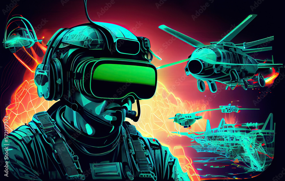 Futuristic army global drone command center and operators in VR glasses ...