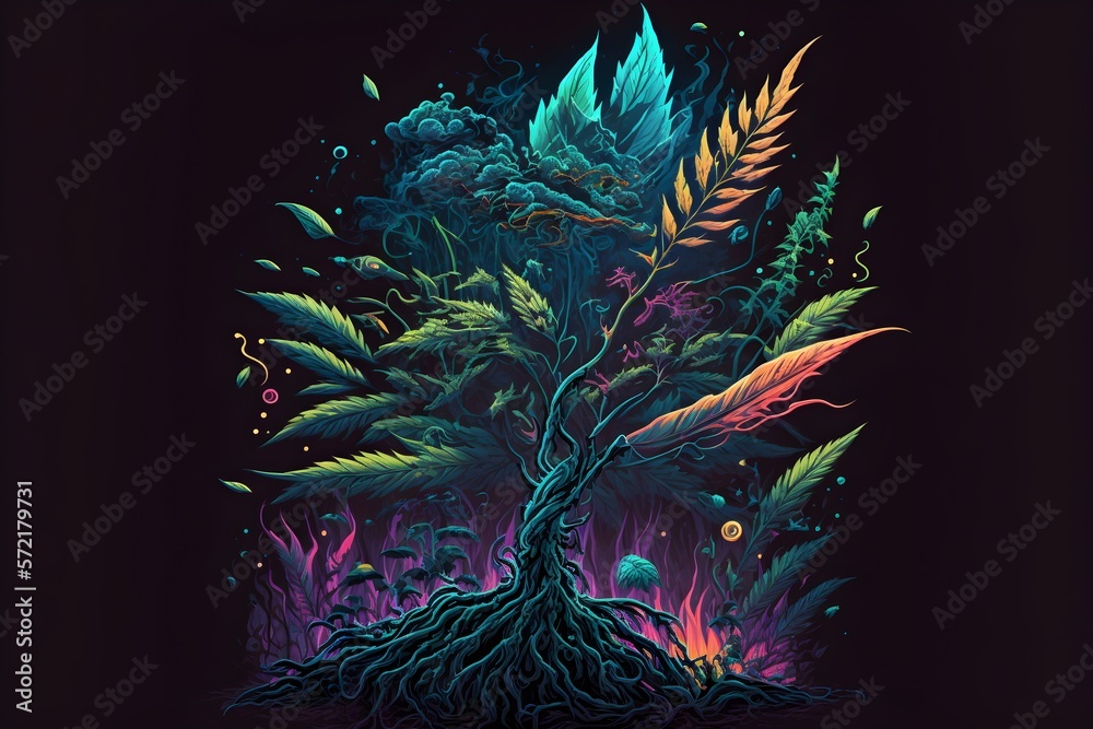 Purple marijuana plants in colored pink neon light on dark background ...