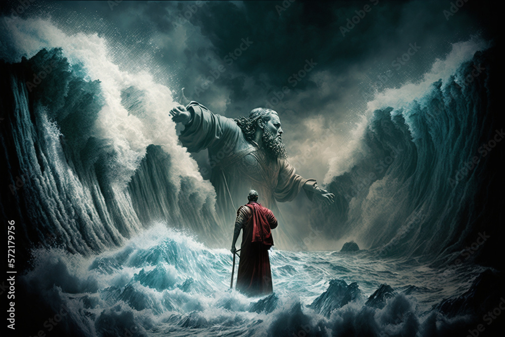 Crossing the Red Sea with Moses ocean wave with sunset and clouds ...