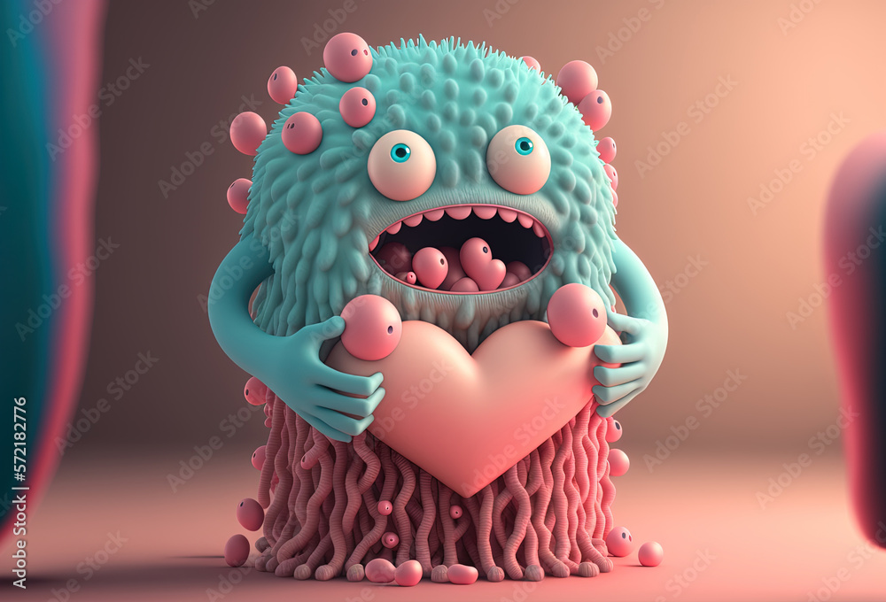 3D character is a cute monster holding a heart. Funny toothy alien ...
