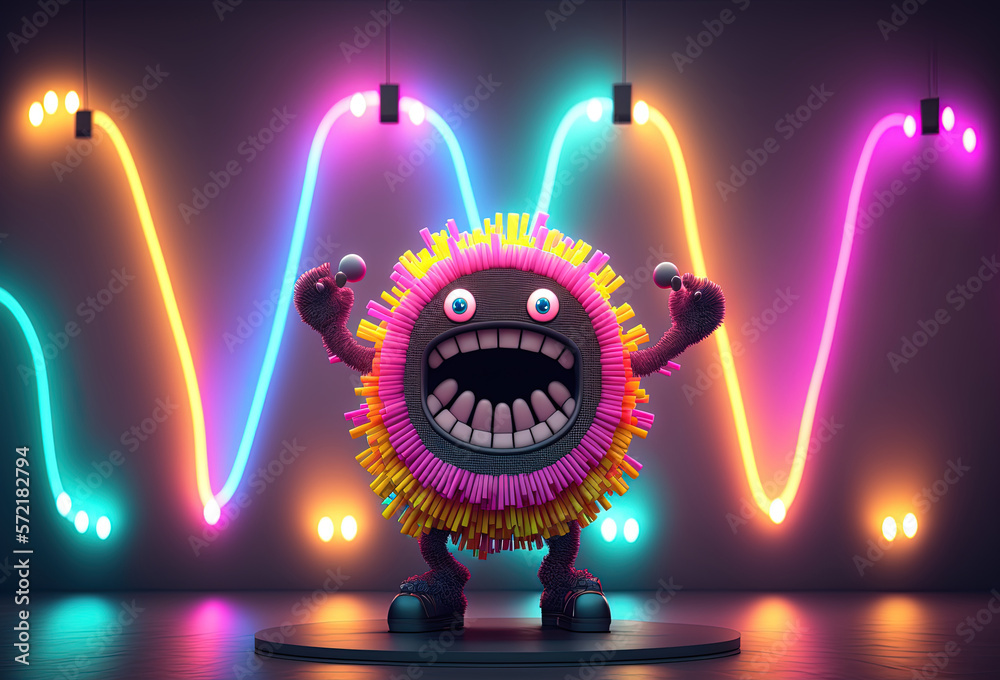 3D character cute monster dancing in a nightclub. The funny toothy ...