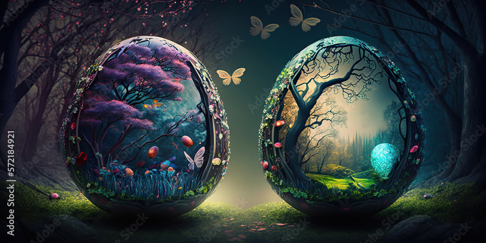 Beautiful magical easter eggs in a fantasy forest, banner, Generative ...
