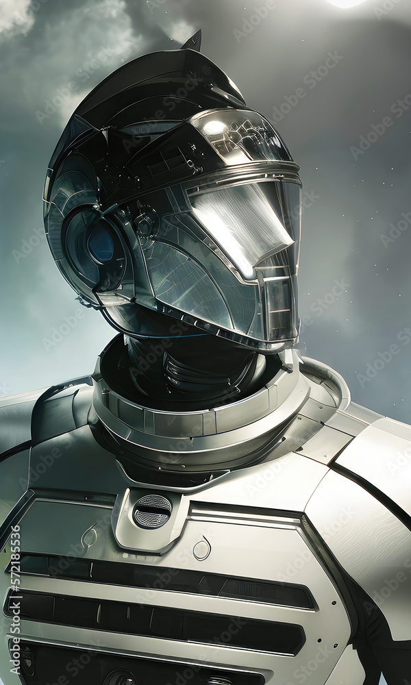 Futuristic robot wearing a sci fi helmet and body armor with a starry ...