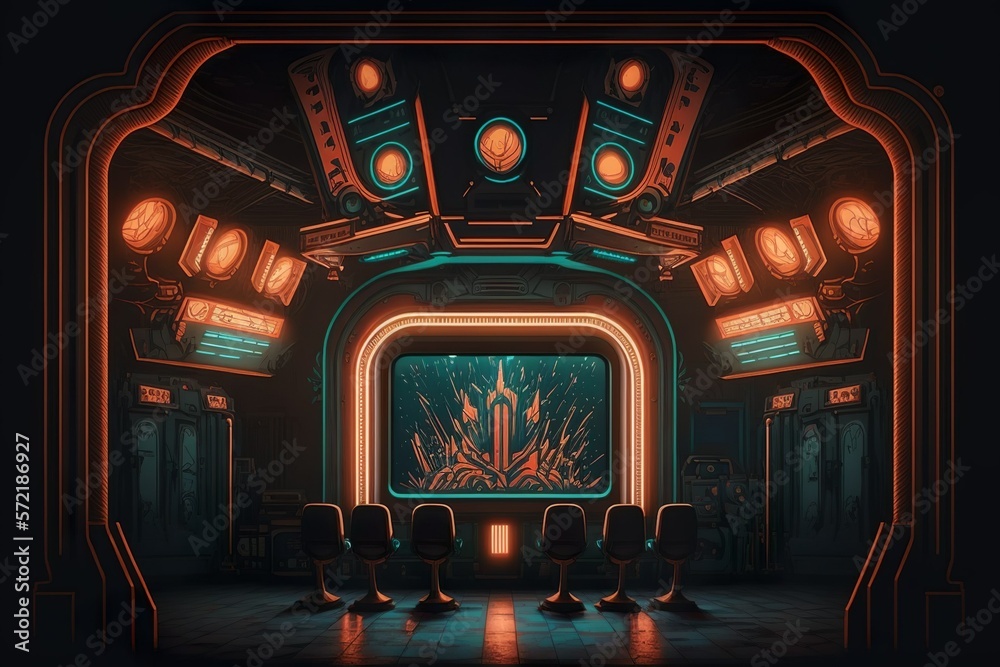 Vintage victorian style sci-fi futuristic art deco theater stage arcade ...