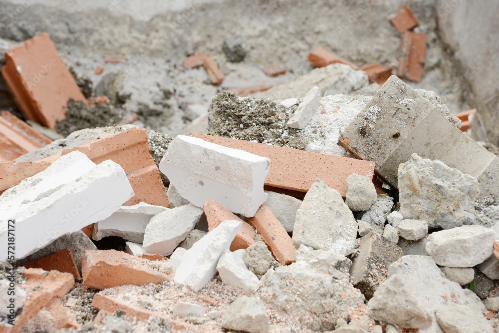 Building rubble, destroyed bricks in the rubble container when building ...