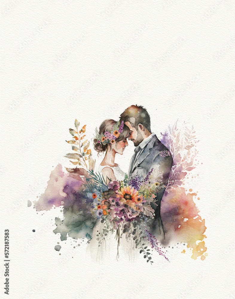 watercolor drawing wedding bride and groom in flowers, wedding card or ...