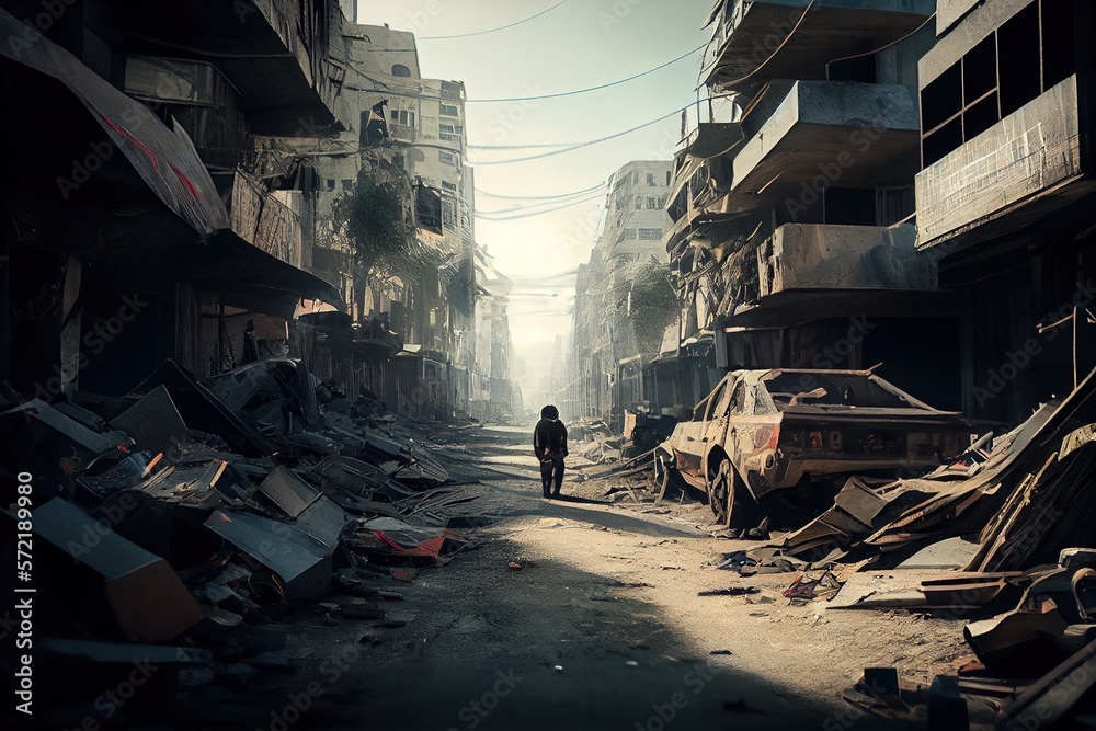 War zone or a bombed-out city. Rubble of houses after the earthquake ...